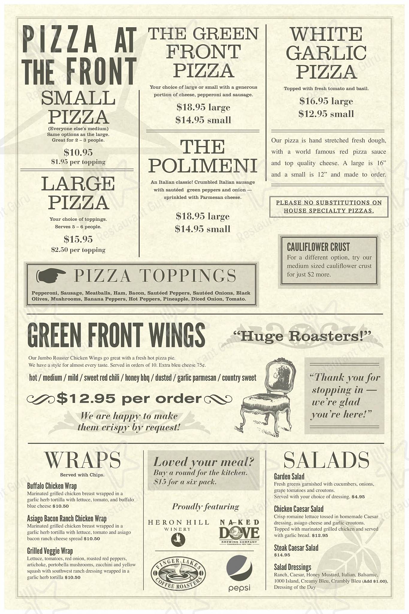 Menu at Green Front restaurant, Canandaigua