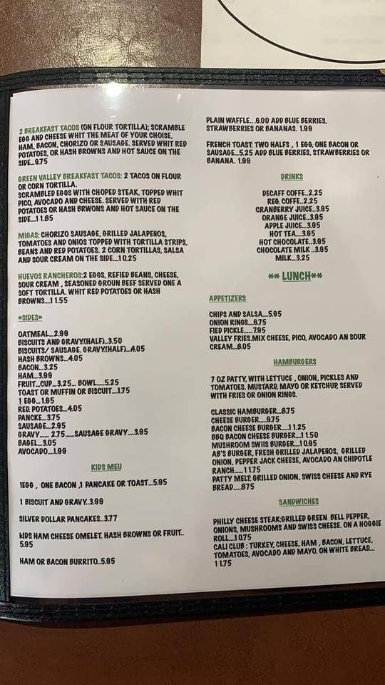 Menu at Green Valley Cafe, Sanger