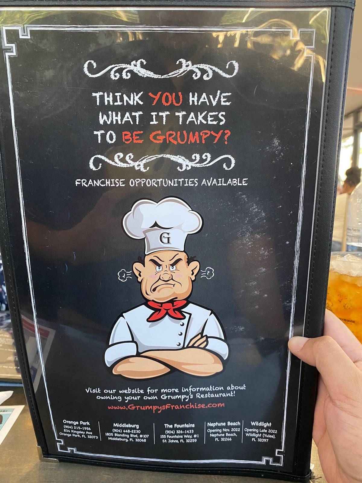 Menu at Grumpy's Restaurant, Orange Park