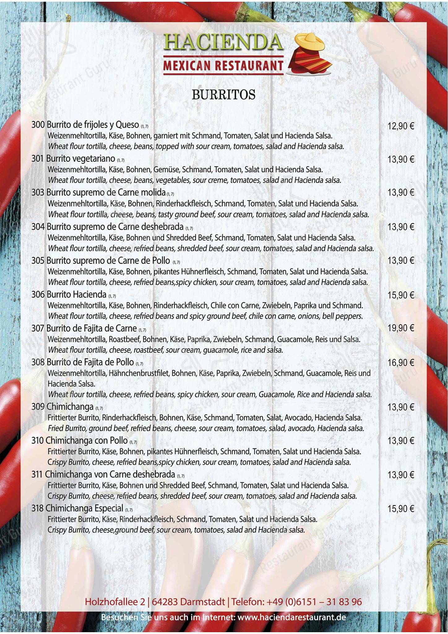 Speisekarte von Hacienda Mexican Restaurant, Darmstadt