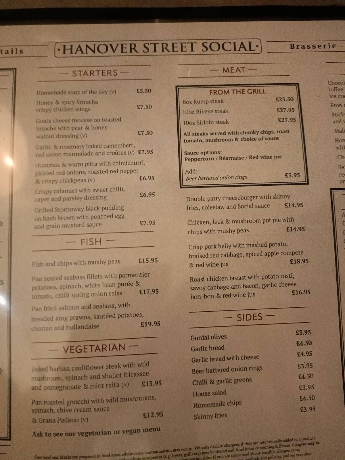 Menu at Hanover Street Social restaurant, Liverpool