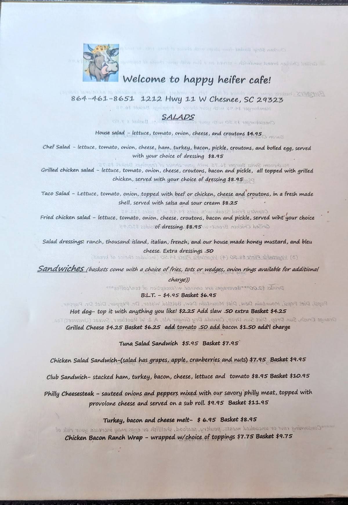 Menu at Happy Heifer Cafe, Chesnee