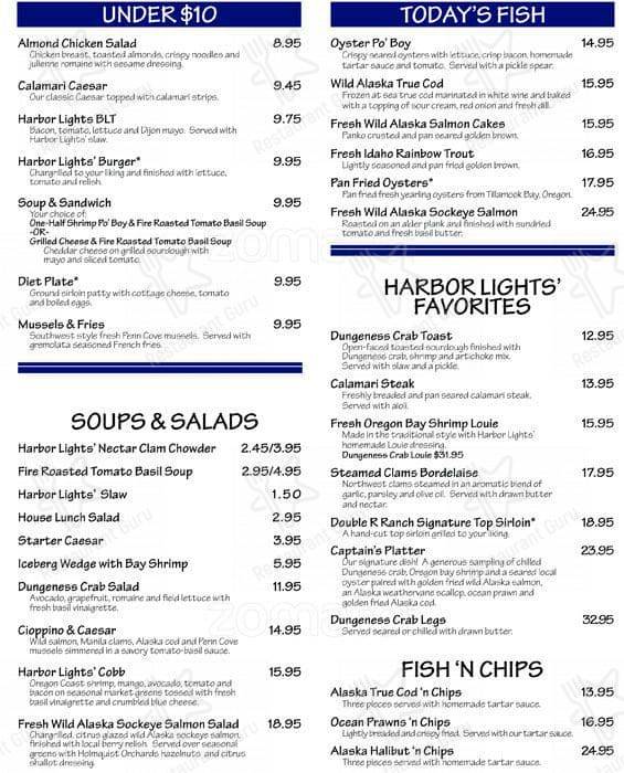 Menu at Harbor Lights restaurant, Tacoma