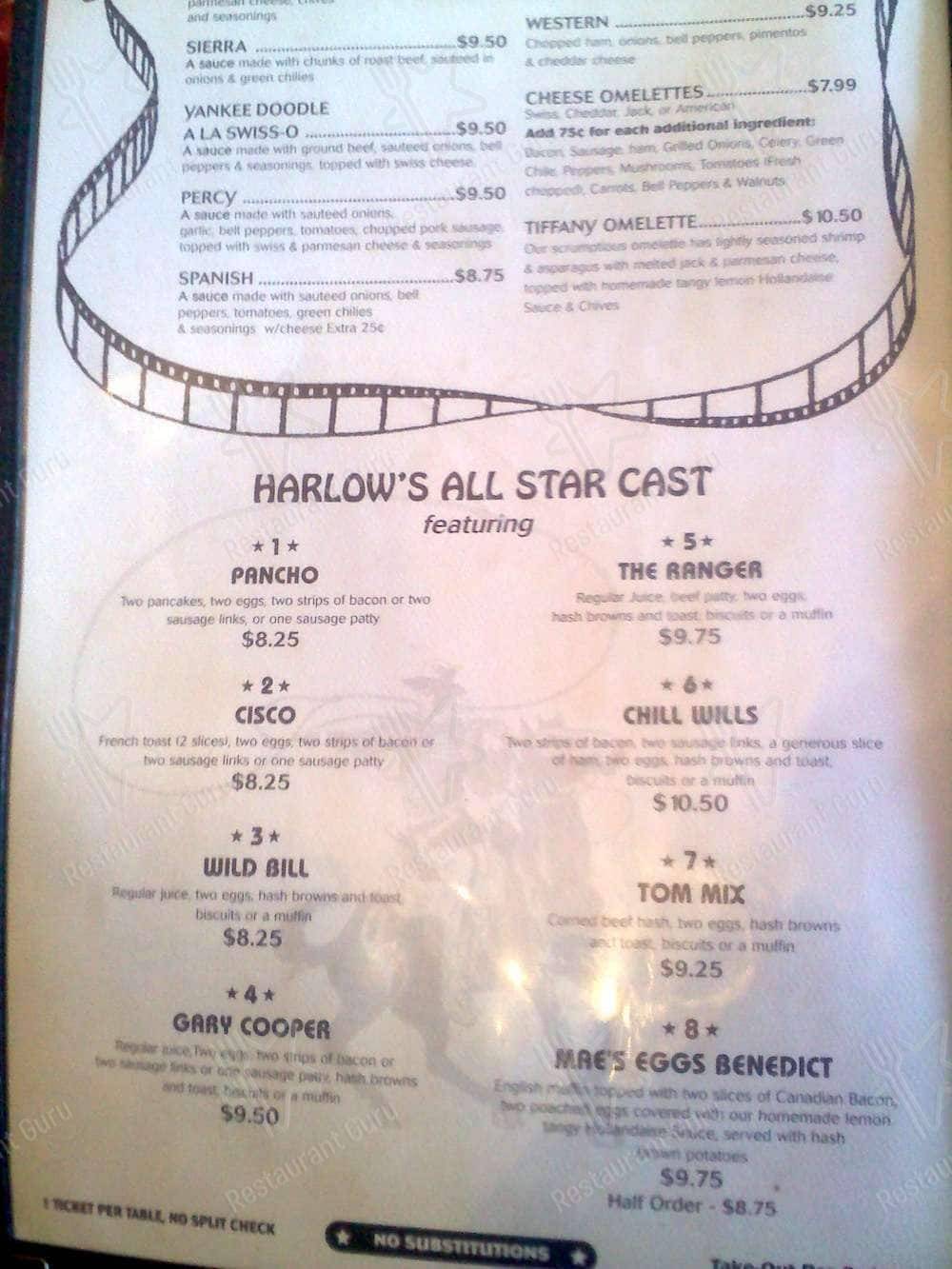 Menu at Harlow's Cafe, Tempe