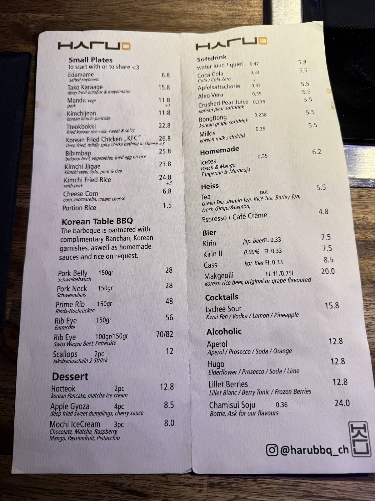 Menu at Haru Korean BBQ, Zürich