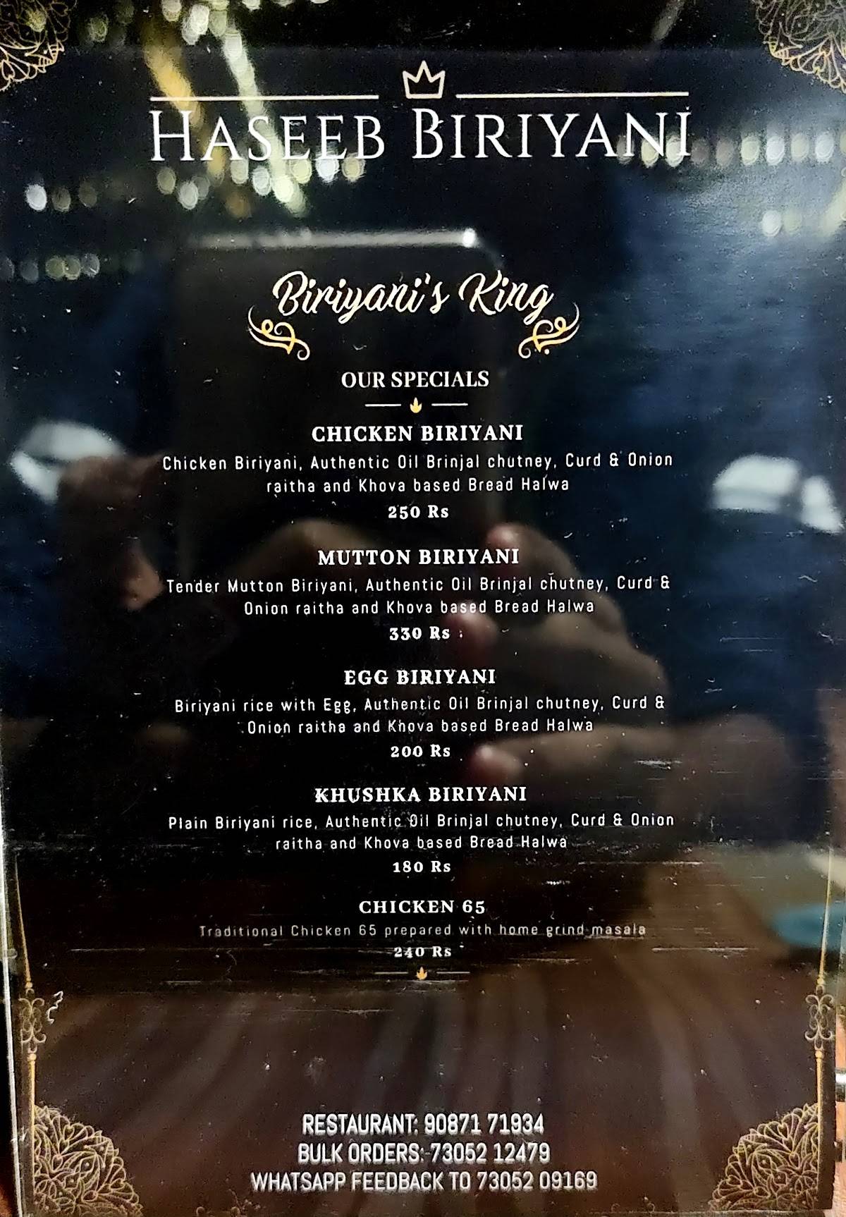 Menu at Haseeb Biriyani, Chennai