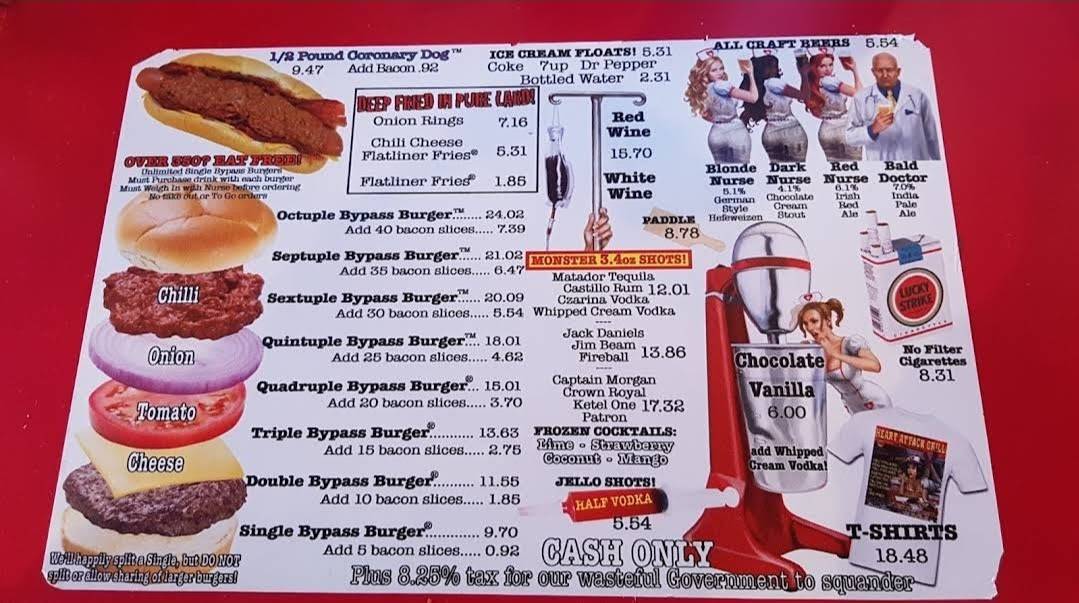 Menu at Heart Attack Grill restaurant, Las Vegas, 450 Fremont St #130