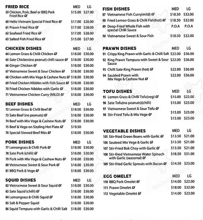 Menu at Hello Vietnam Restaurant, Christchurch