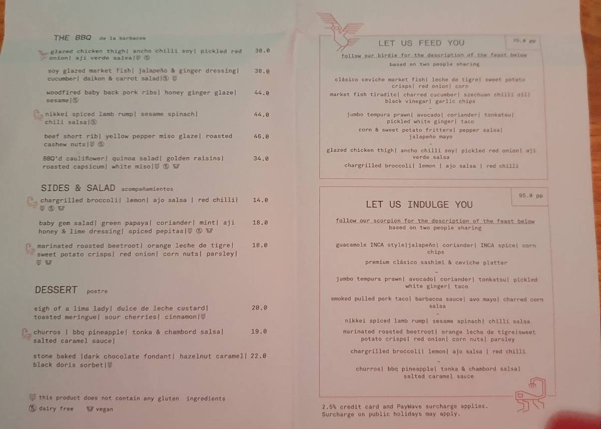 Menu at INCA Ceviche & Woodfire Grill restaurant, Auckland