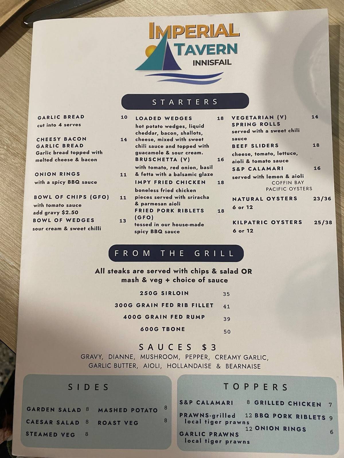 Menu at Imperial Tavern restaurant, Innisfail, 42 Fitzgerald Esplanade