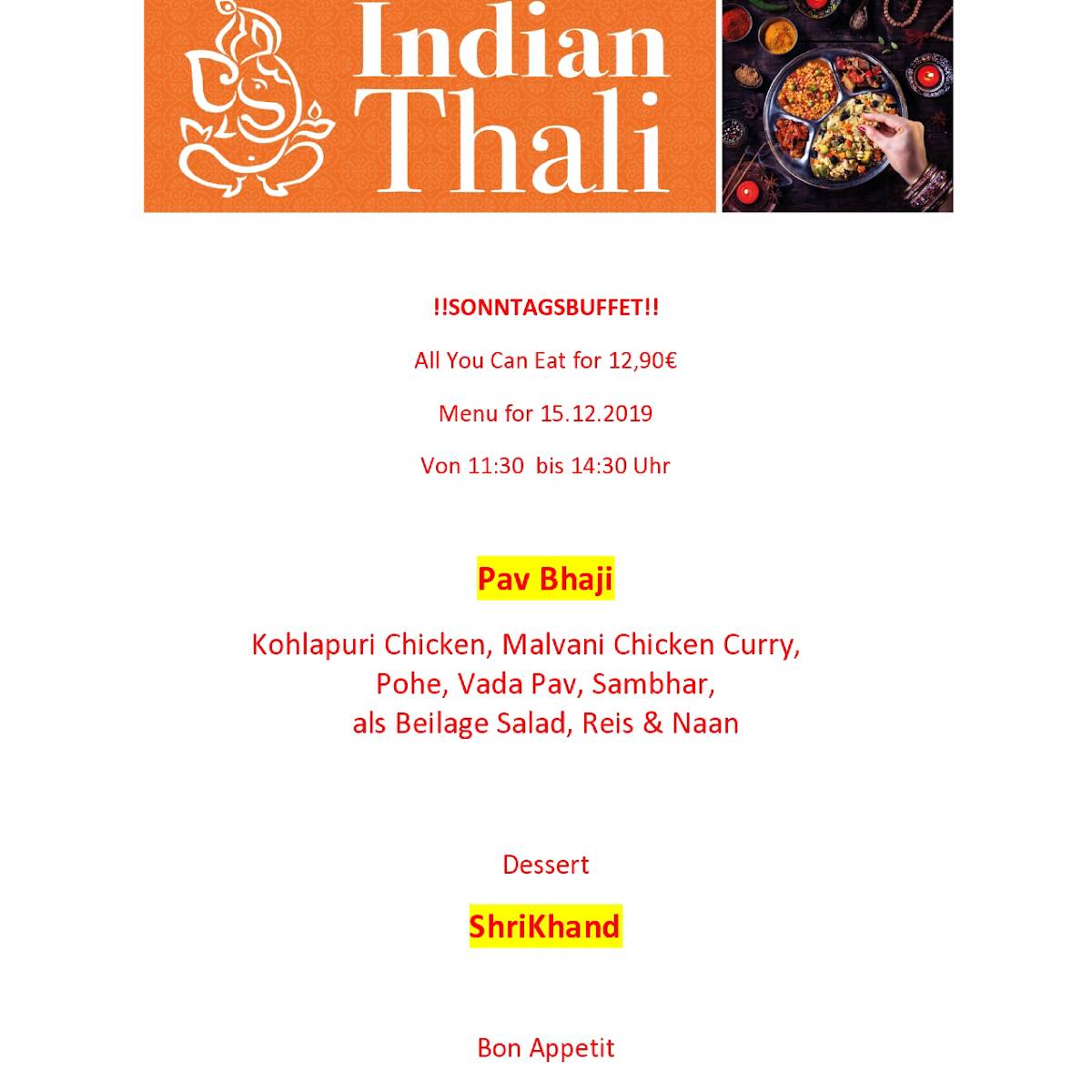 Menu at Indian Thali restaurant, Stuttgart