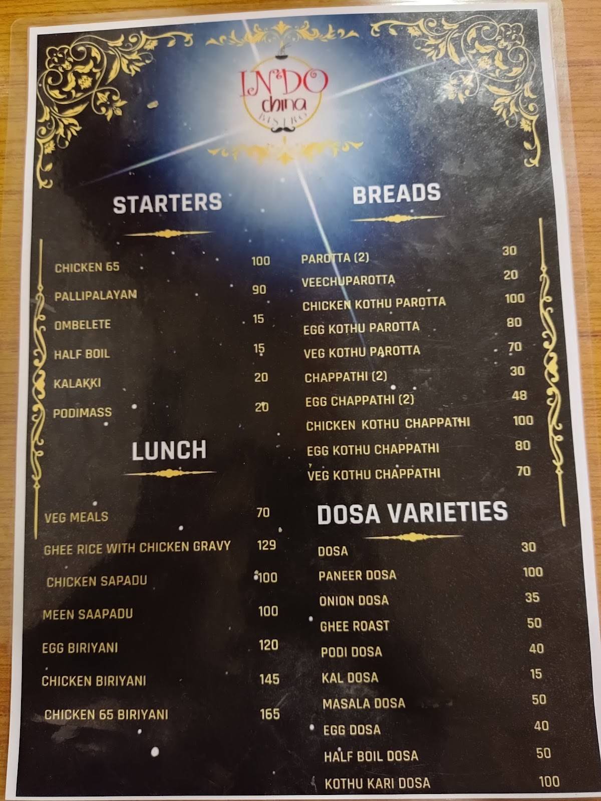 Menu at Indo-china bistro, Chennai
