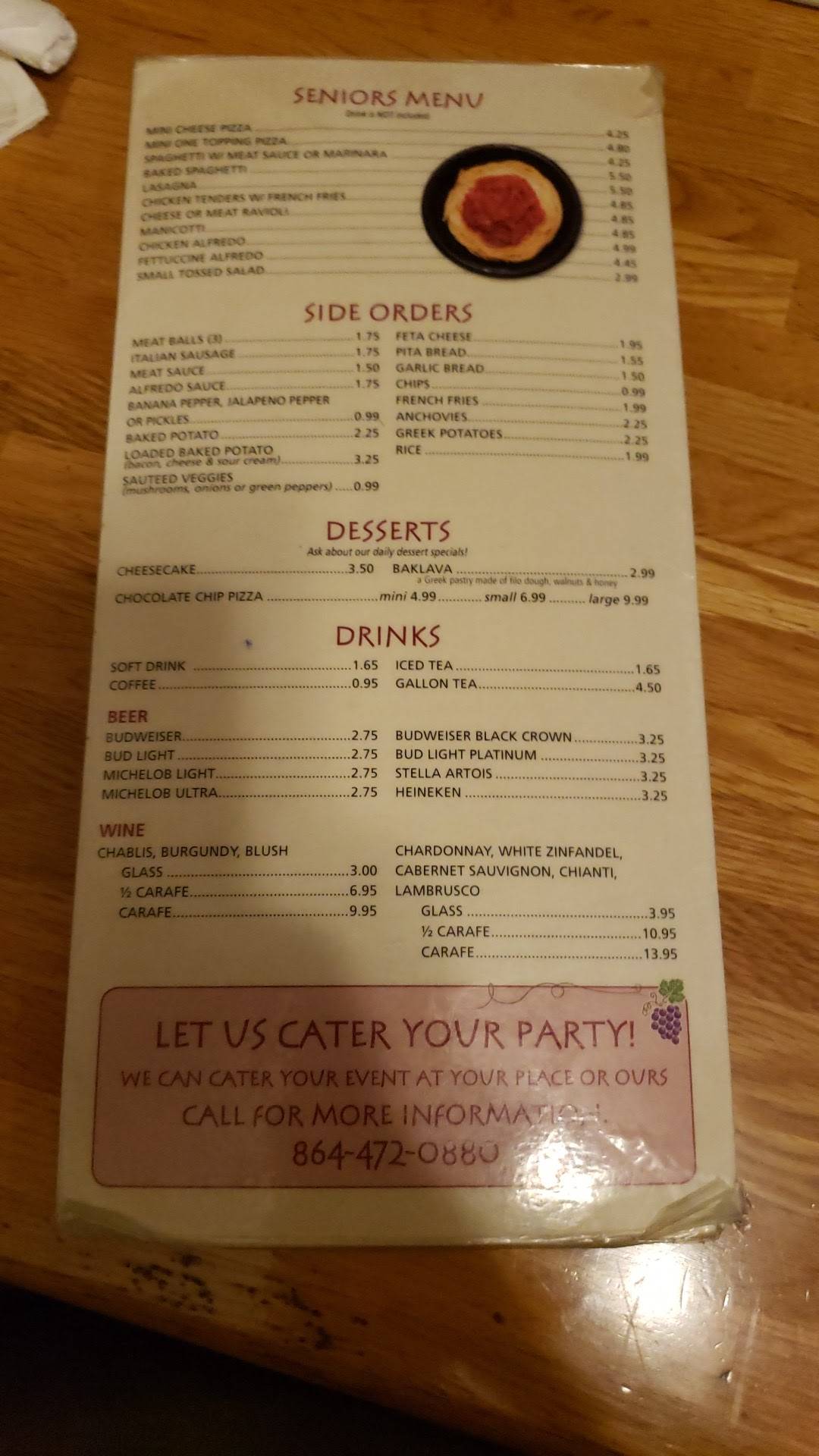 Menu at Inman House of Pizza restaurant, Inman