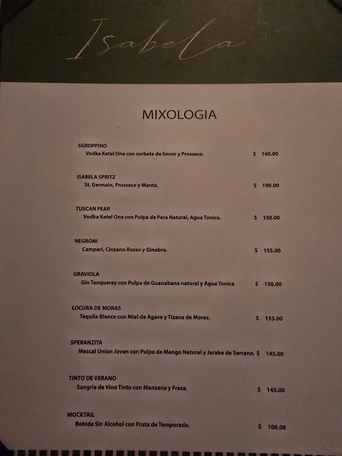 Carta del restaurante Isabela MX, Zapopan