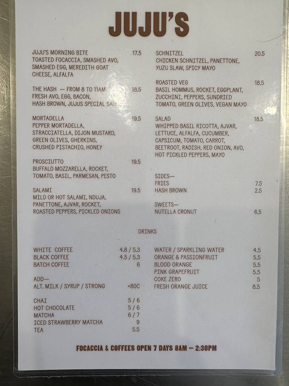 Menu at JUJU’S DELI, Thornbury