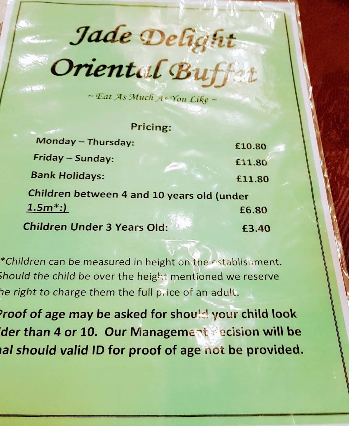 Menu at Jade Delight restaurant, Blackpool
