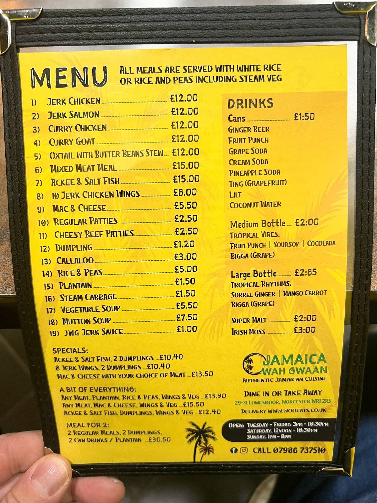 Menu at Jamaica Wah Gwaan Ltd restaurant, Worcester