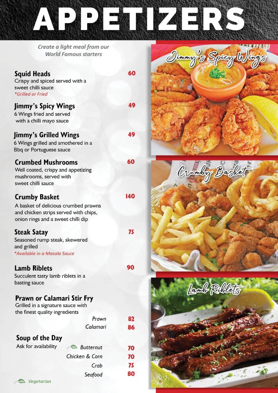 Menu at Jimmy's Killer Prawns Gateway restaurant, Umhlanga, Shop G340 ...