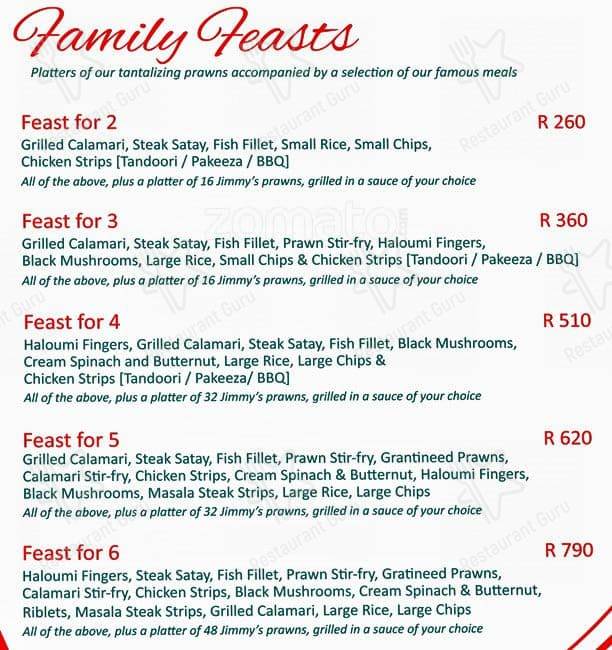 Menu at Jimmy's Killer Prawns Westwood restaurant, Durban, Shop L45