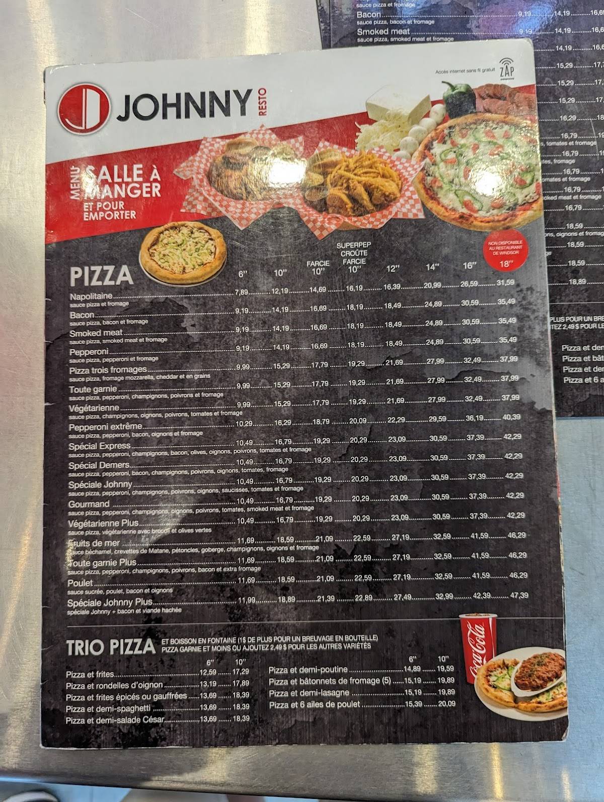 Menu au Johnny Resto Belvédère restaurant, Sherbrooke