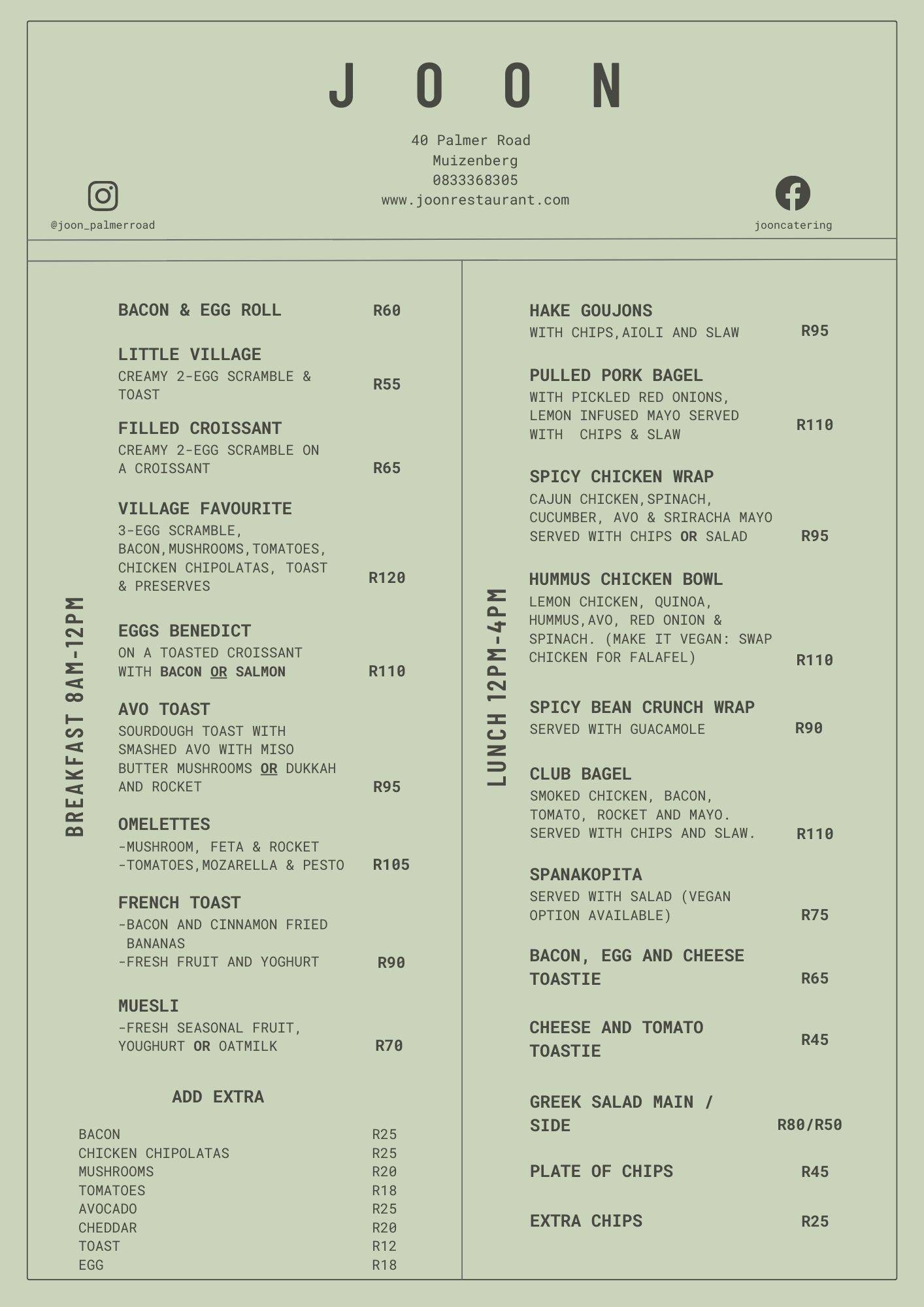 Menu at Joon restaurant, Cape Town