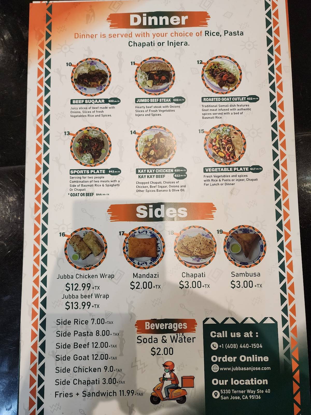 Menu at Jubba Somali Restaurant, San Jose