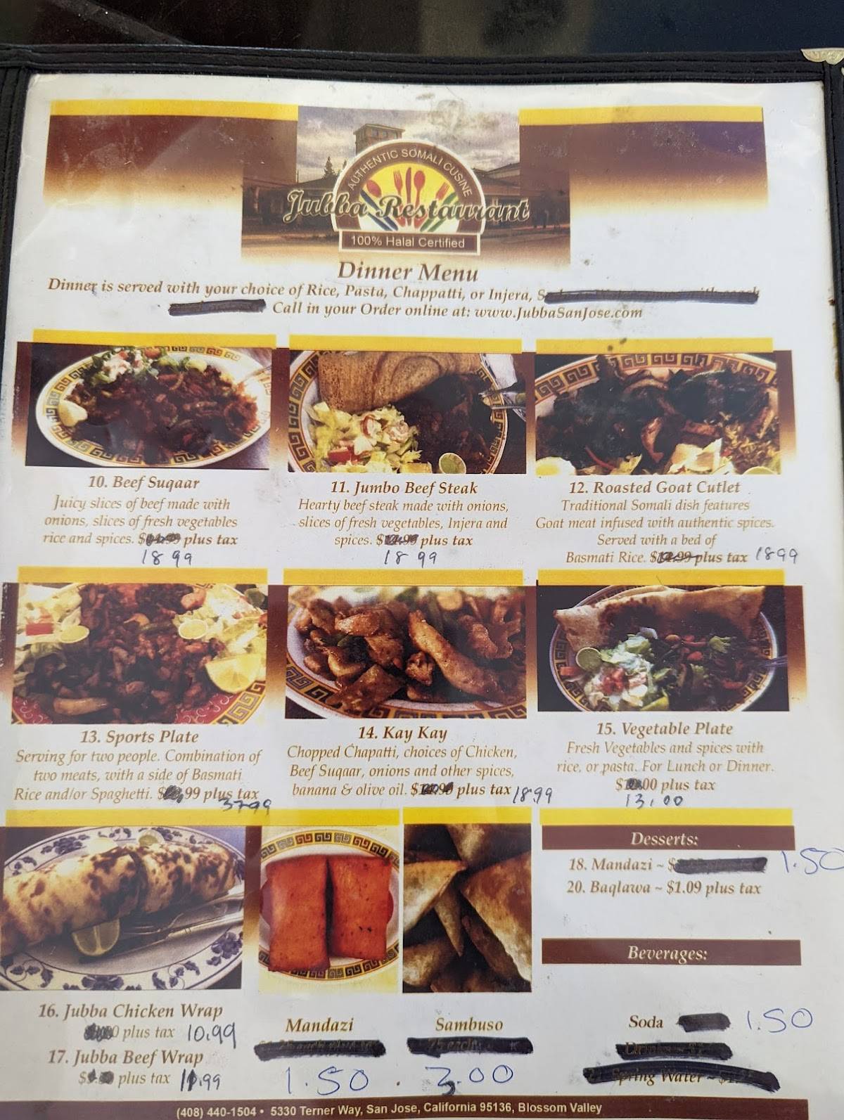 Menu at Jubba Somali Restaurant, San Jose