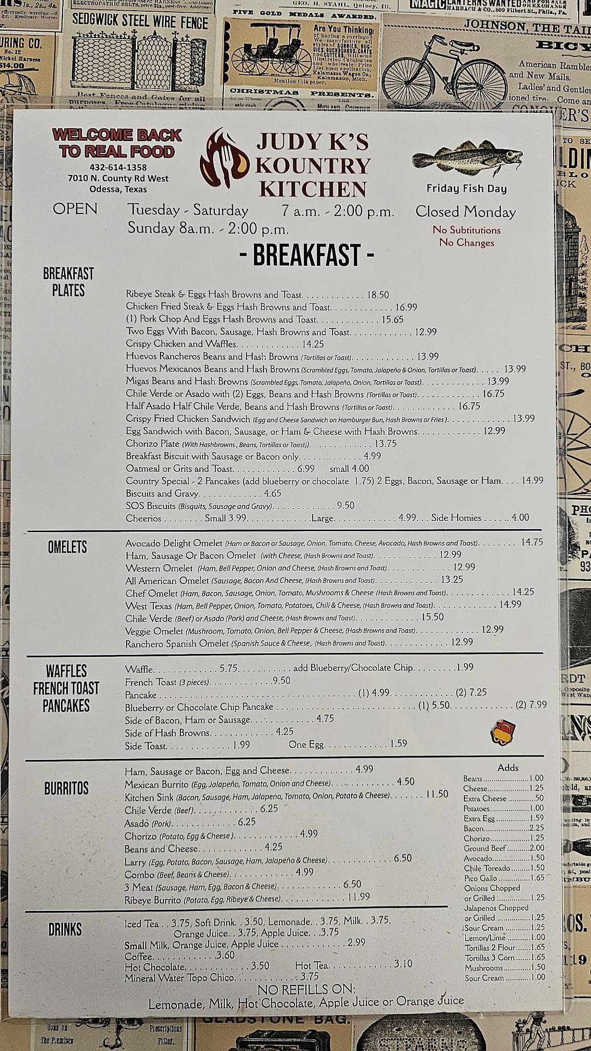 Menu at Judy K's Kountry Kitchen restaurant, Odessa