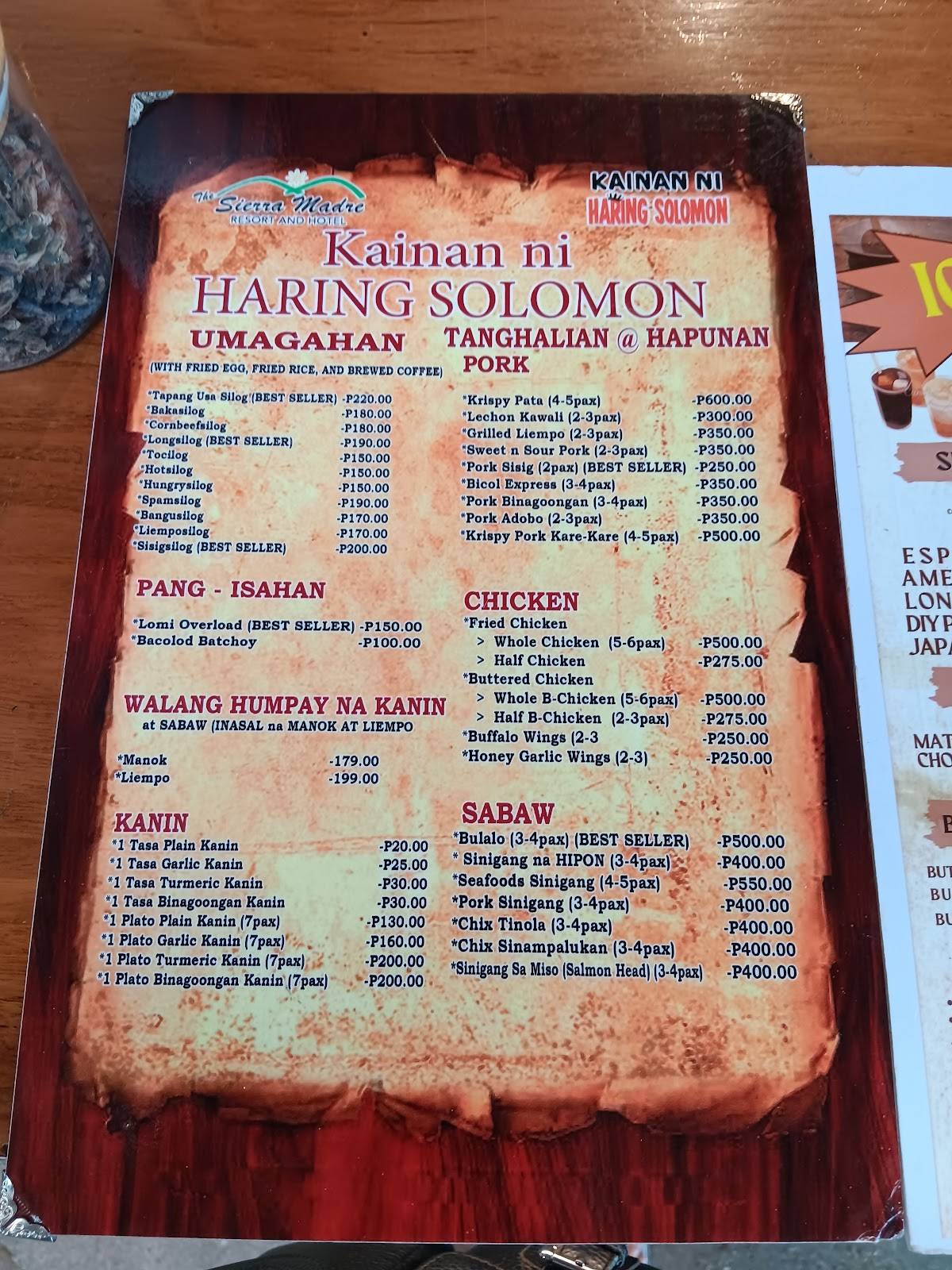Menu at Kape Bukel, Tanay, Km. 56 Marilaque (Kainan ni Haring Solomon