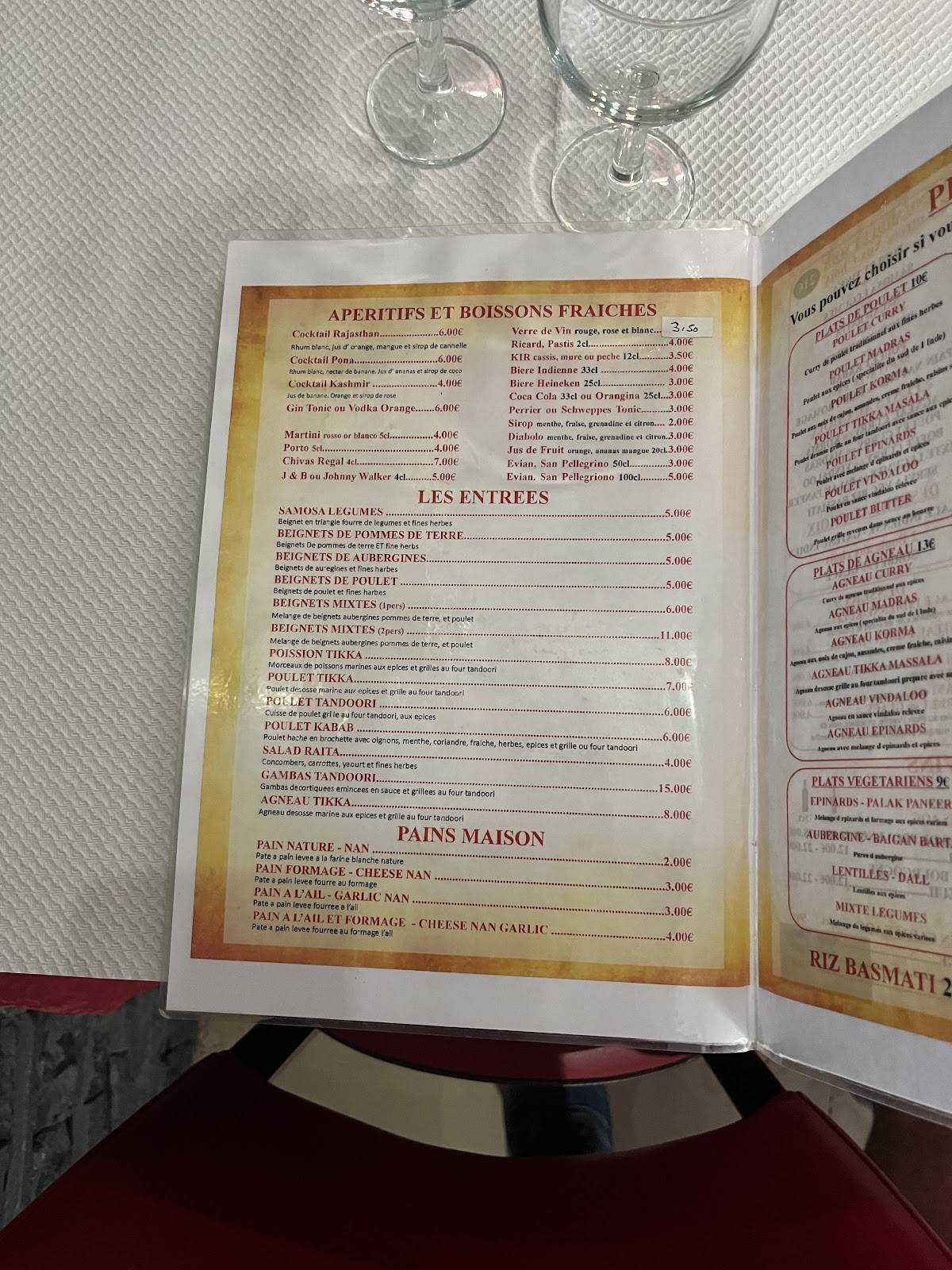 Menu au Restaurant Kashmir, Auxerre