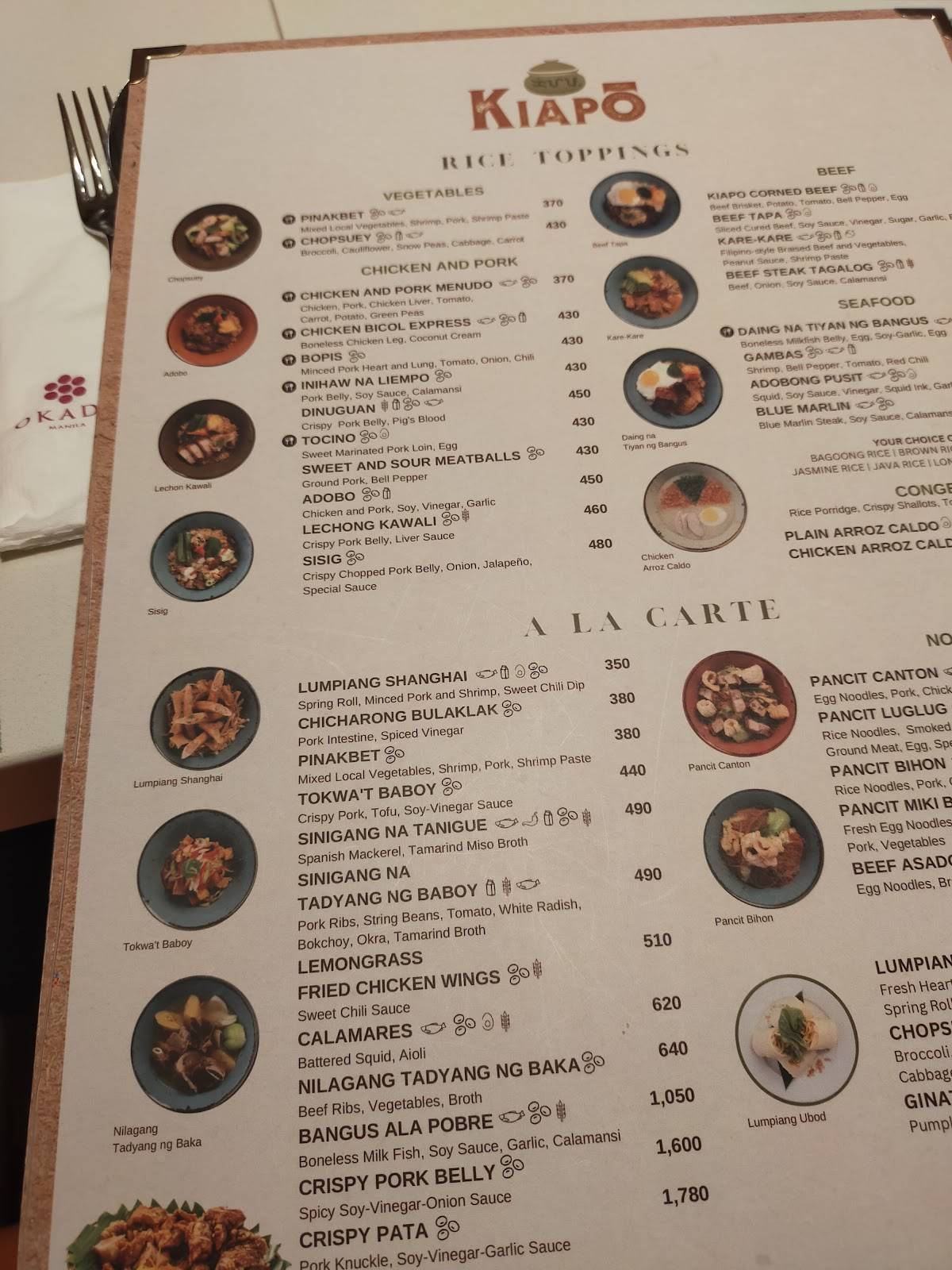 Menu at Kiapo restaurant, Parañaque, Okada Manila