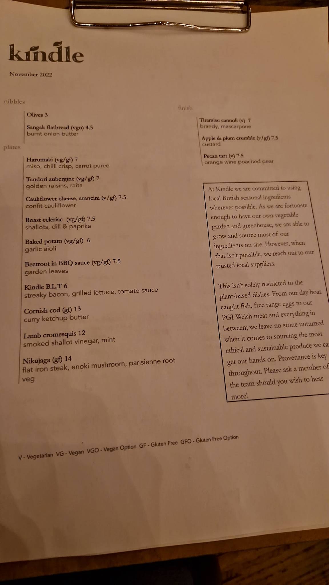 Menu at Kindle restaurant, Cardiff
