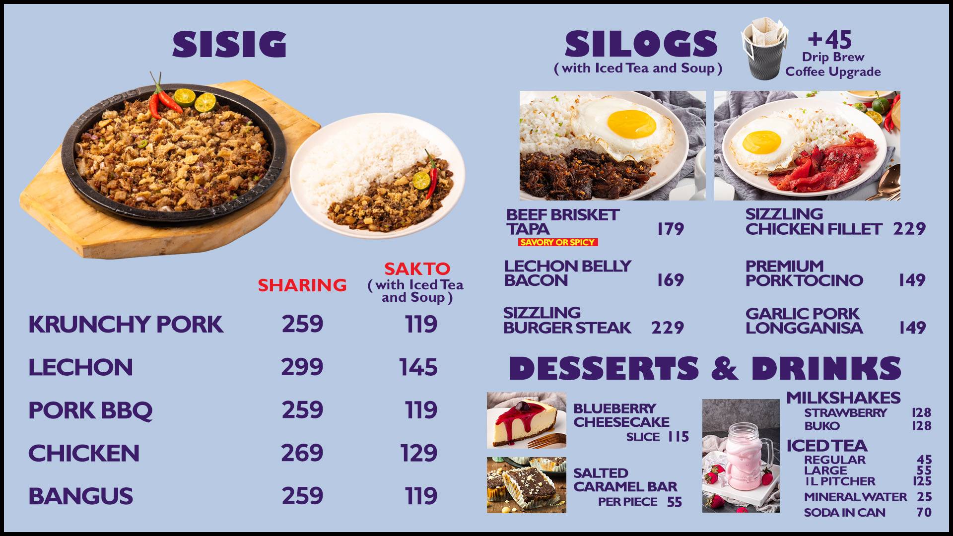 Menu at King Sisig restaurant, Manila, Isetann Cinerama Complex