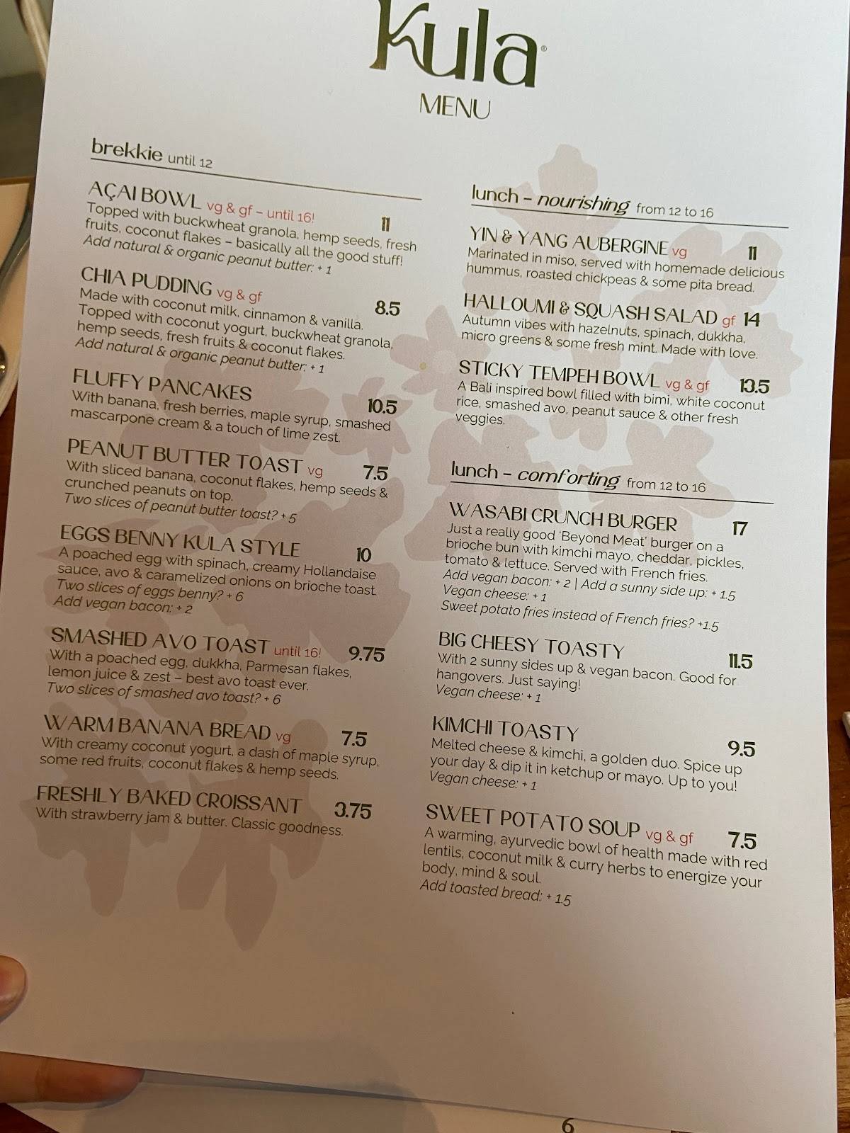 Menu at Kula, Rotterdam