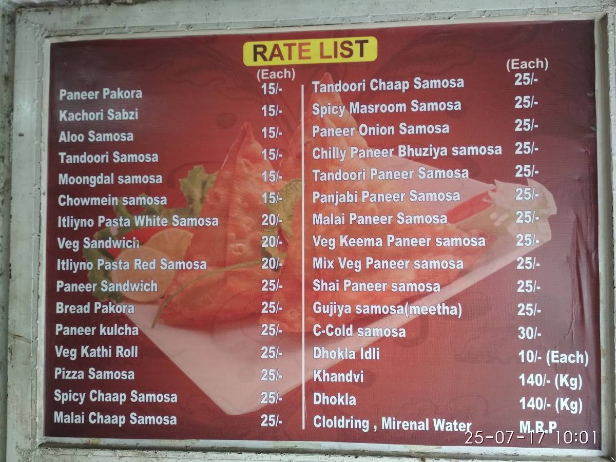 Menu at Kumar Samosa Wala, New Delhi