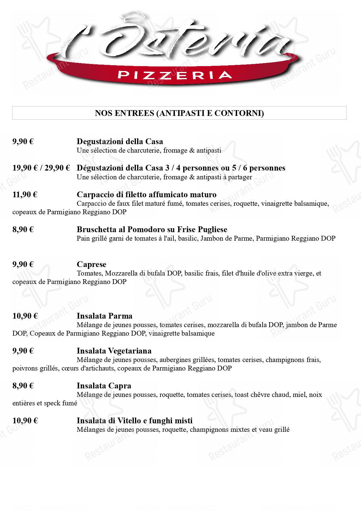 Menu at l'Osteria restaurant, Faro