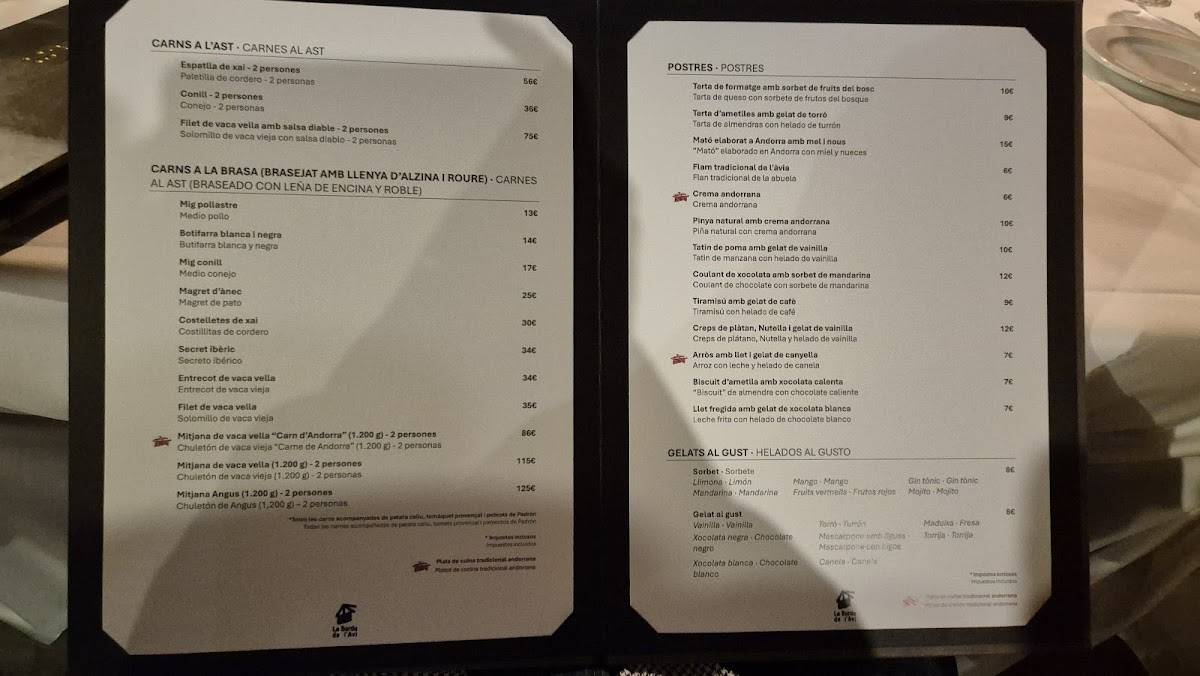 Carta del restaurante La Borda del l'Avi, Erts
