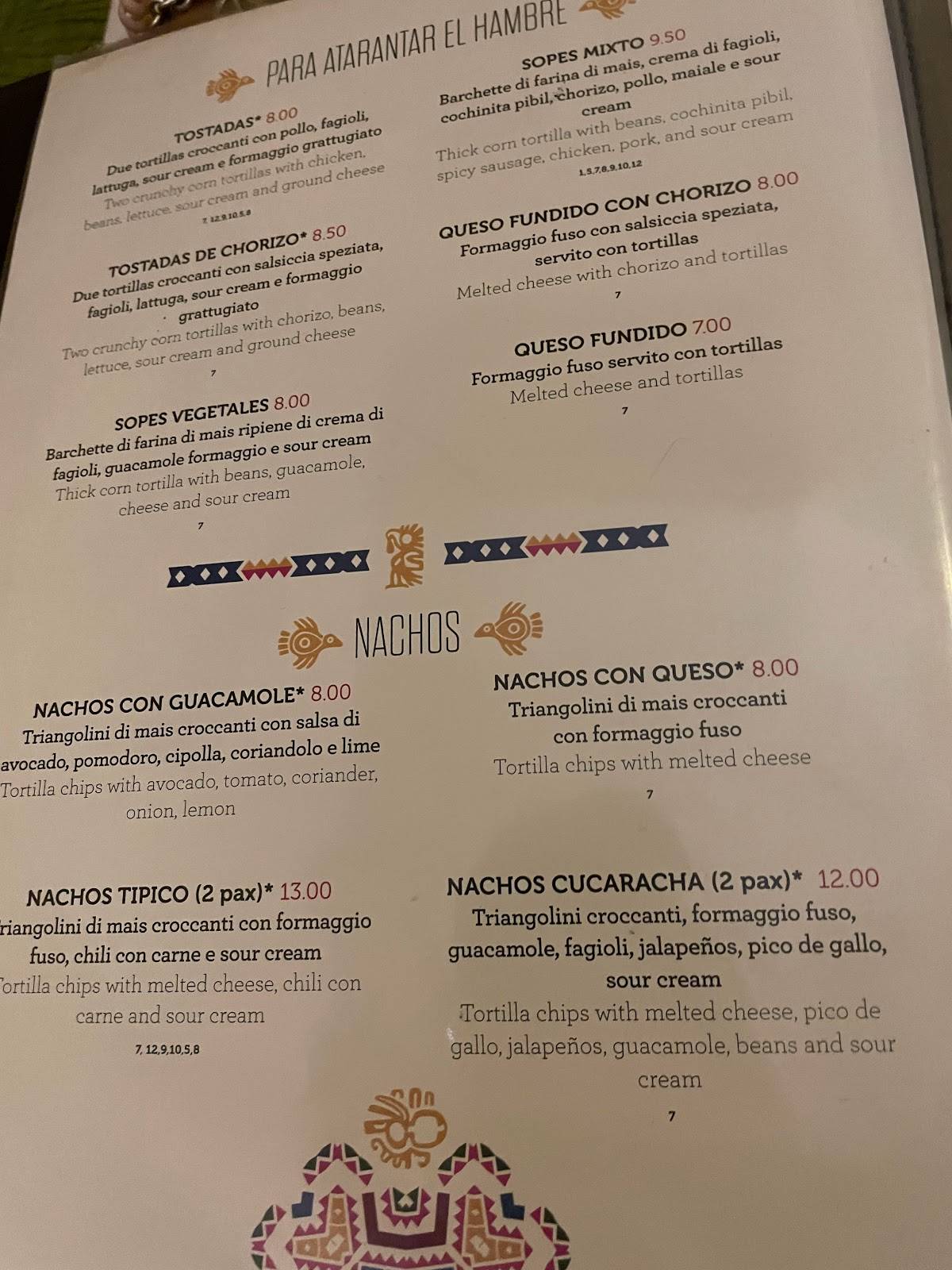 Menu at La Cucaracha restaurant, Rome