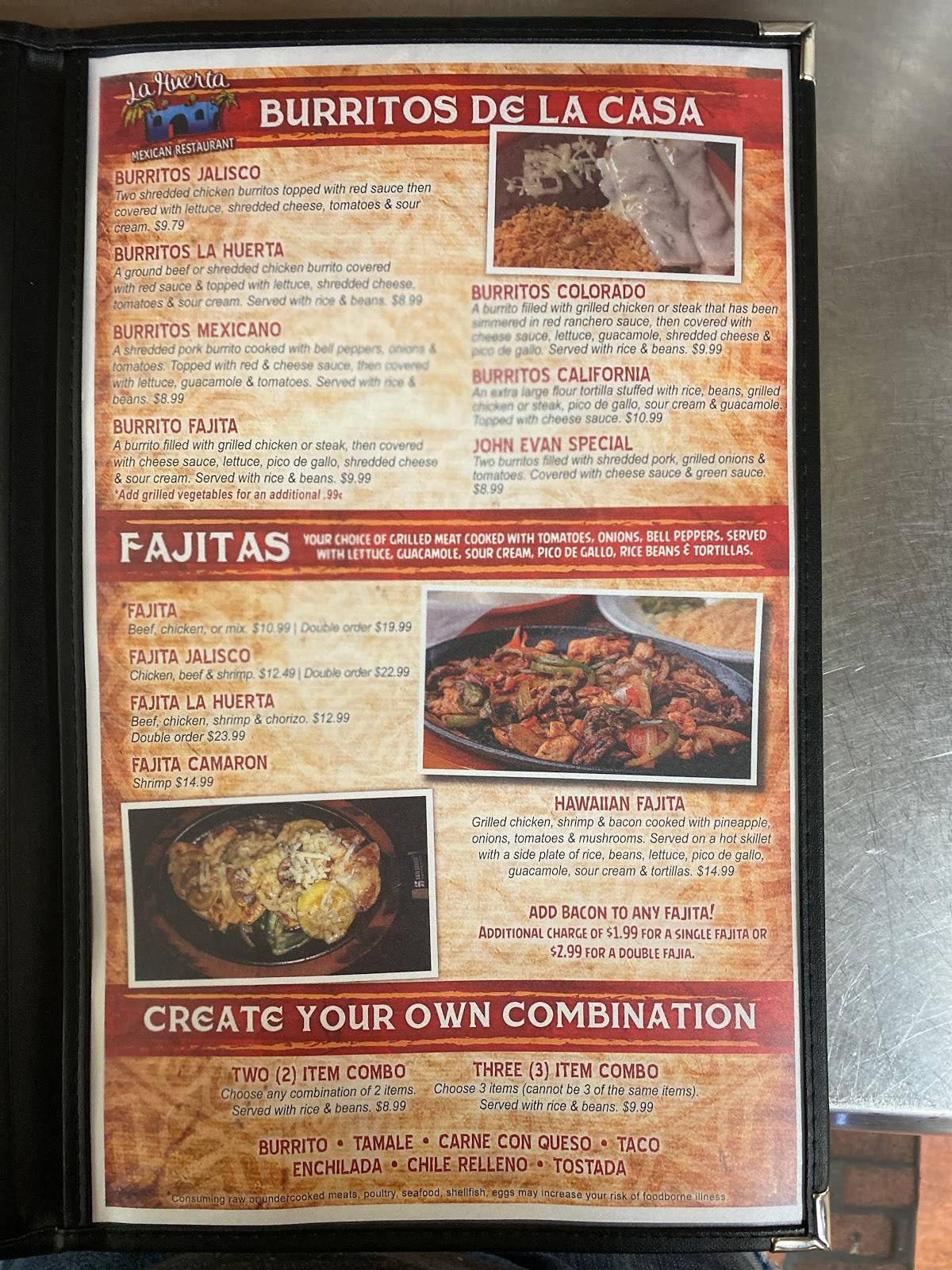 Menu at La Huerta restaurant, Poteau
