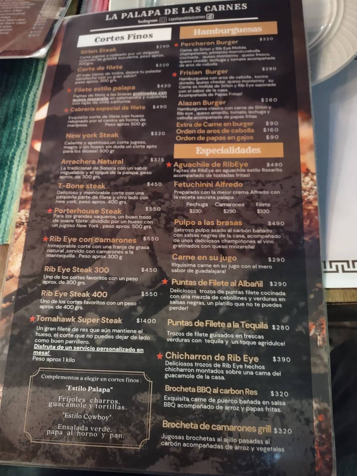 Menu at La Palapa de las Carnes restaurant, Mexicali, C. Novena 679