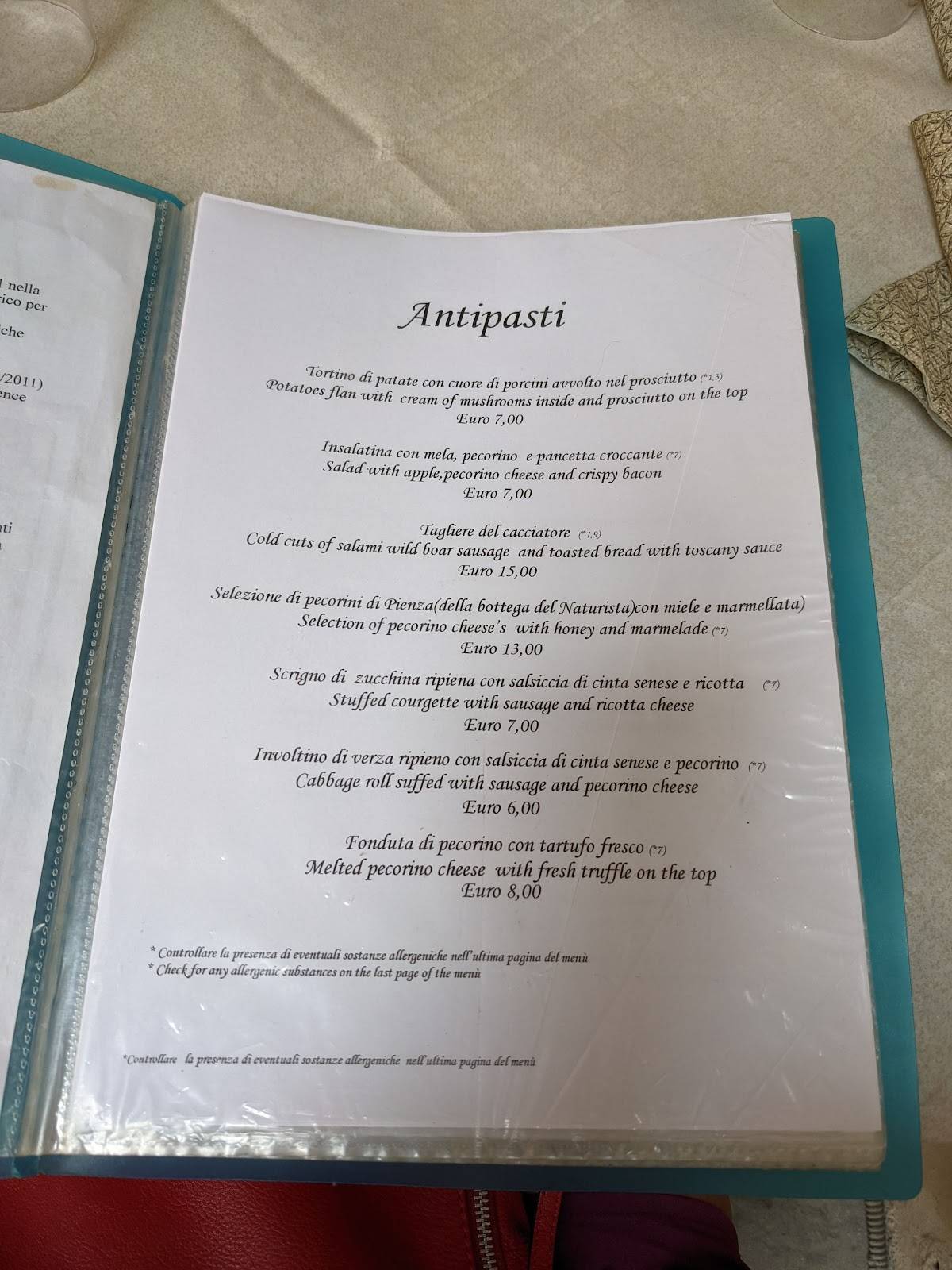 Menu at La Pentolaccia restaurant, Montepulciano, Via di Voltaia Nel Corso