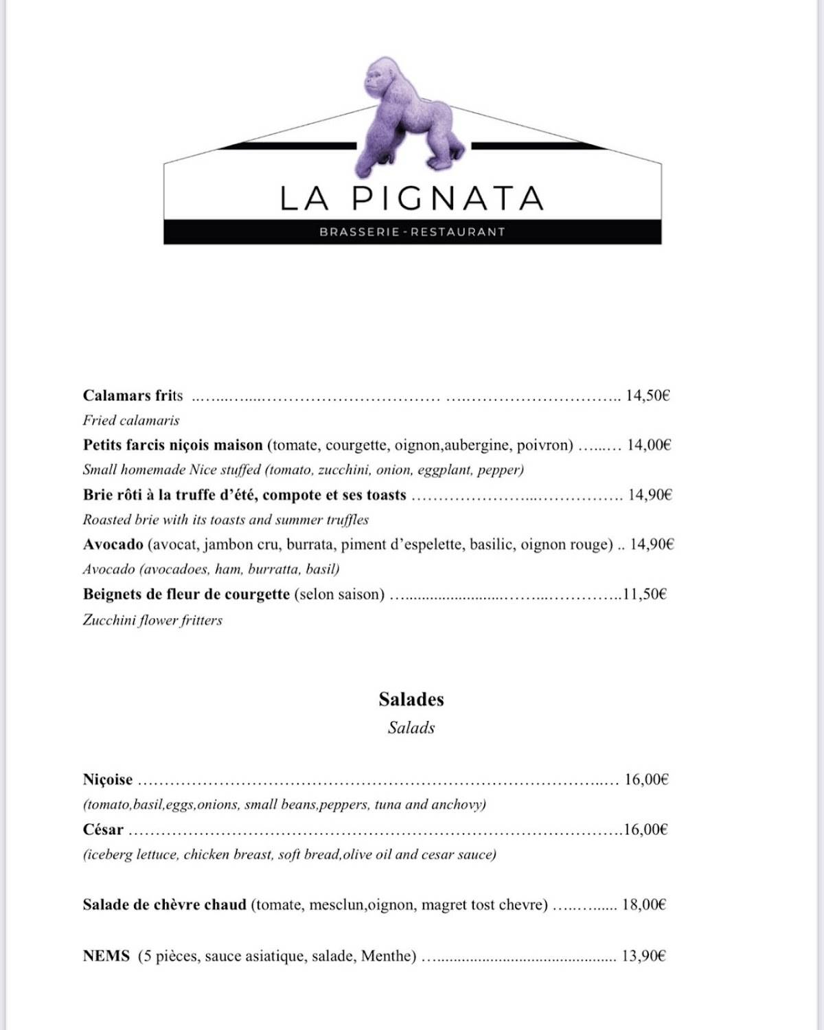 Menu au La Pignata restaurant, Nice