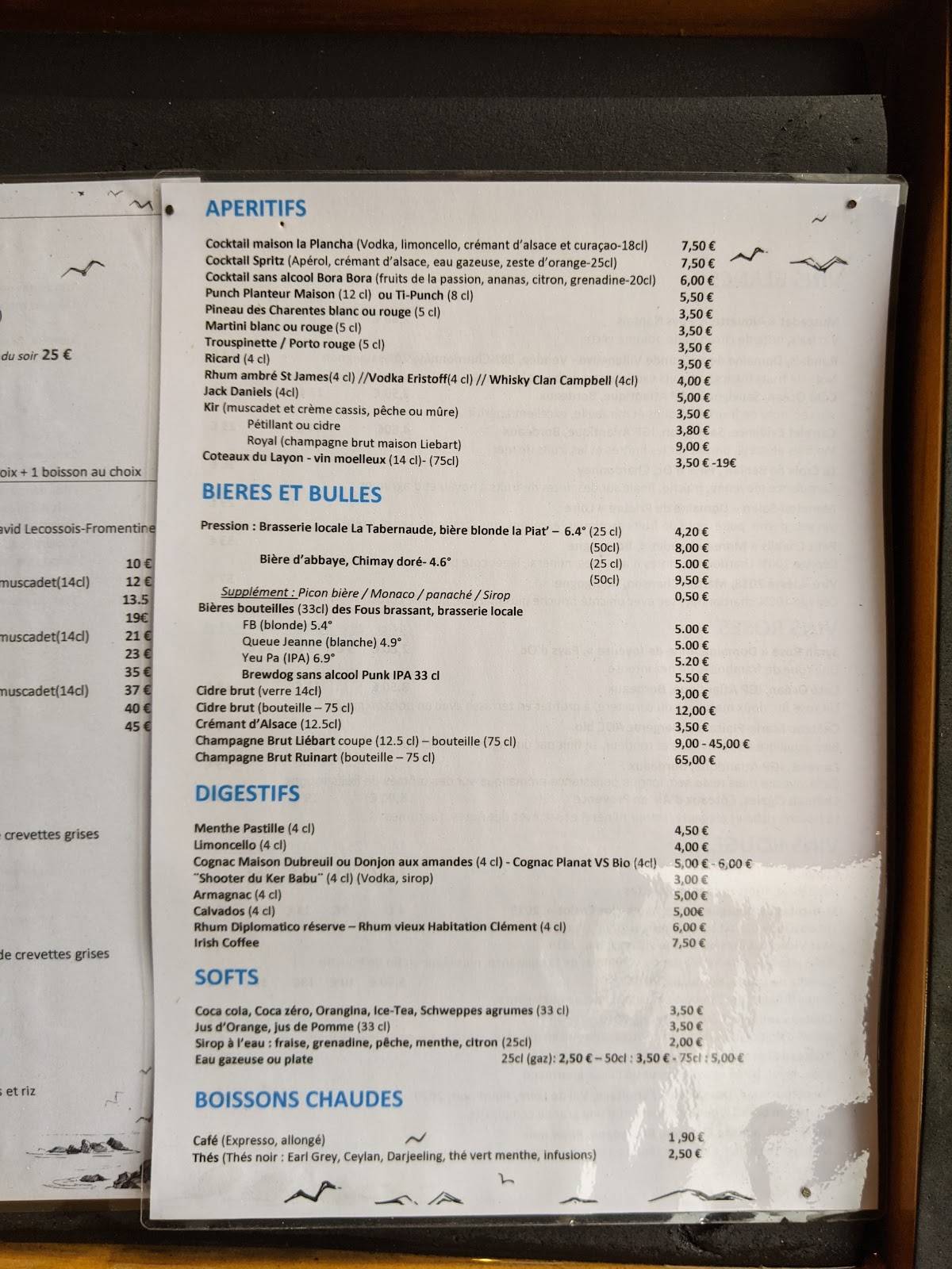 Menu au La Plancha du Pêcheur restaurant, L'Île-d'Yeu