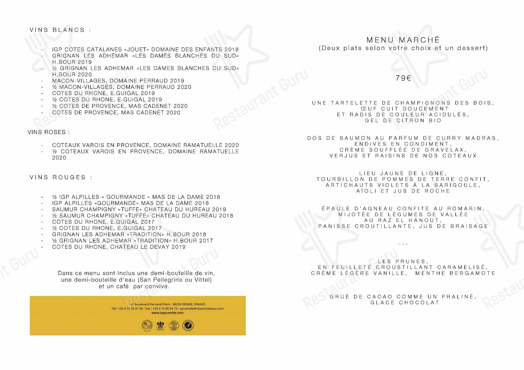 Menu au La Pyramide - Hôtel Restaurant (Isère), Vienne, 14 Boulevard ...