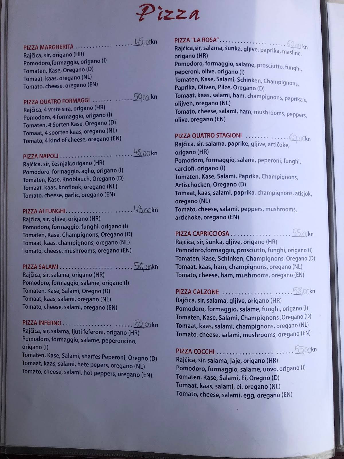 Menu da La Rosa ristorante, Vrsar