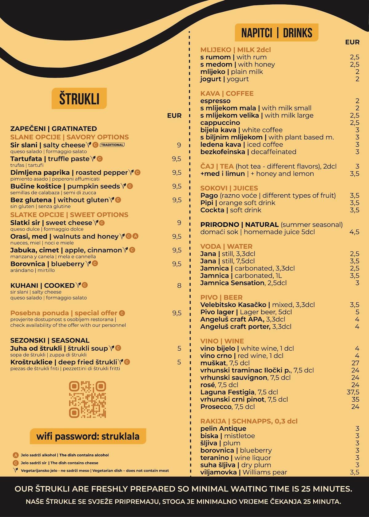 Menu at La Štruk restaurant, Zagreb