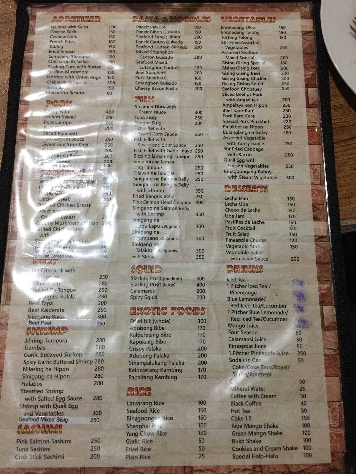 Menu at Lamarang Restaurant, Cabanatuan City, Bato-Bato Bridge