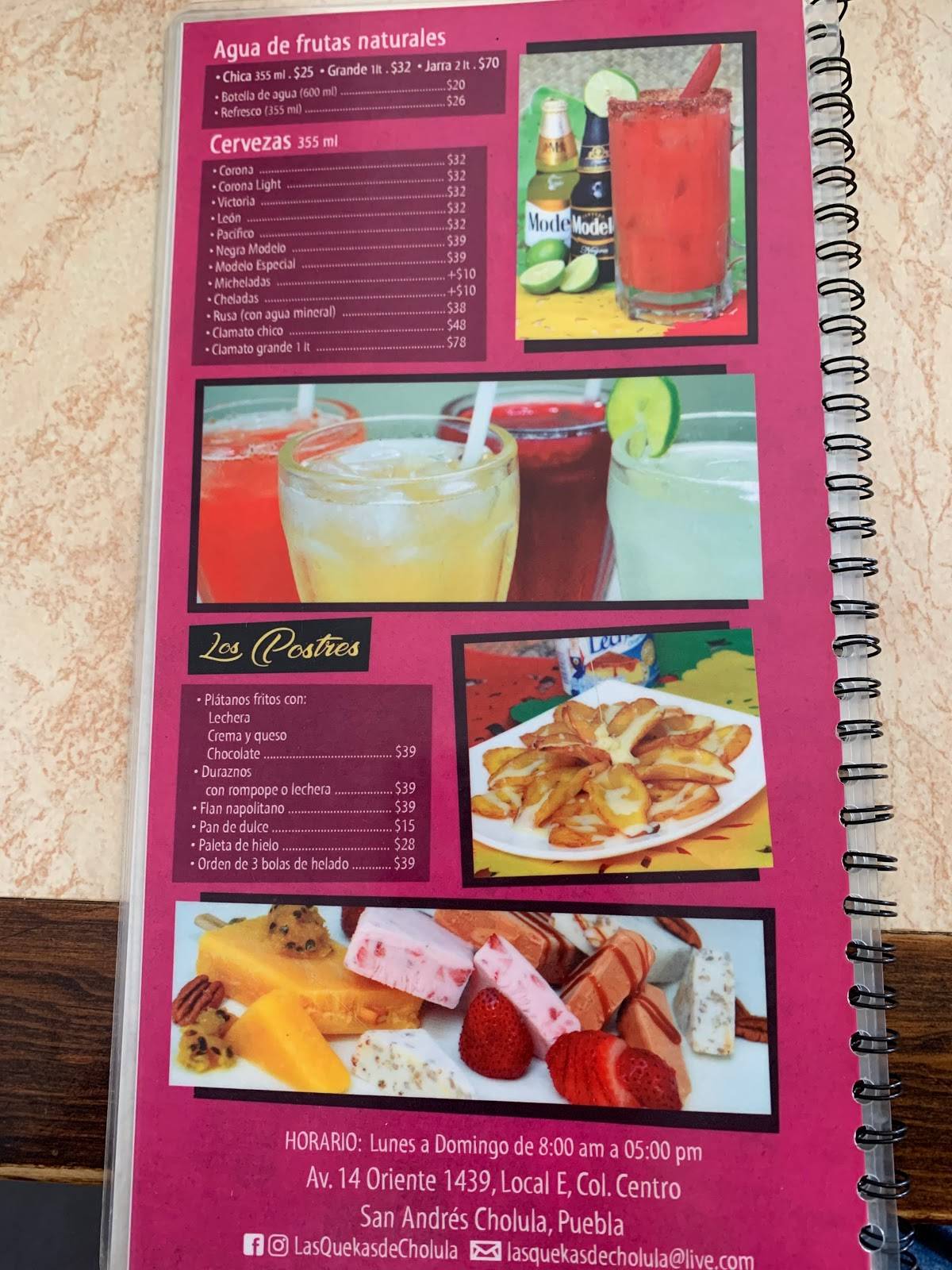 Carta del restaurante Las Quekas Cholula, Cholula, Calle 14 Ote 1439-Loc E