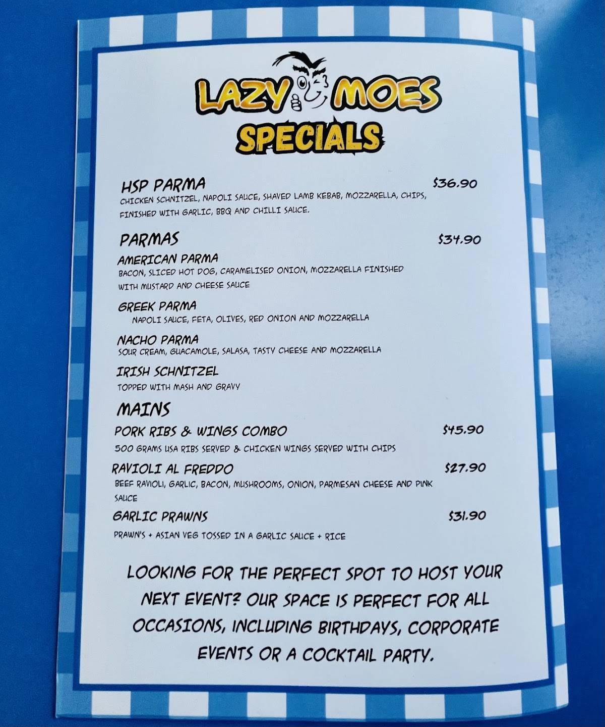 Menu at Lazy Moe's OAKLEIGH restaurant, Oakleigh
