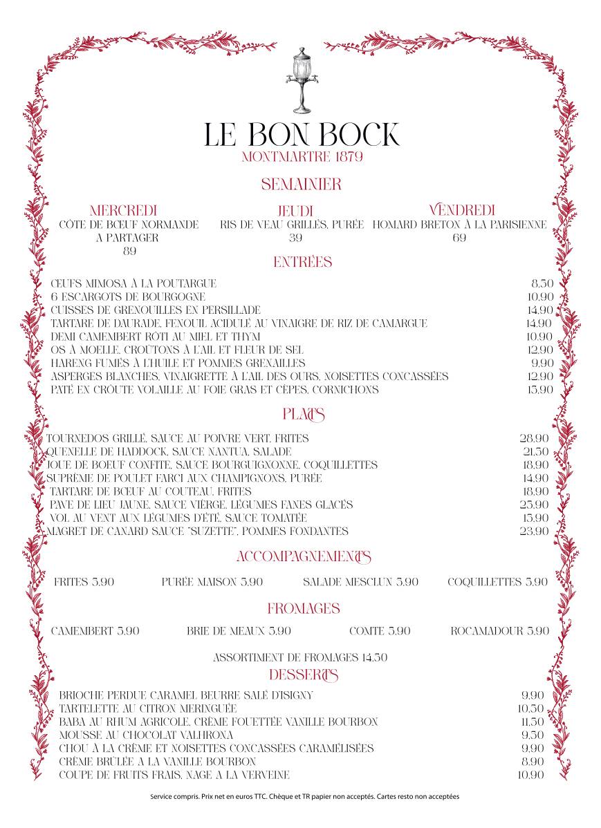 Menu au Le Bon Bock (new Since June) restaurant, Paris